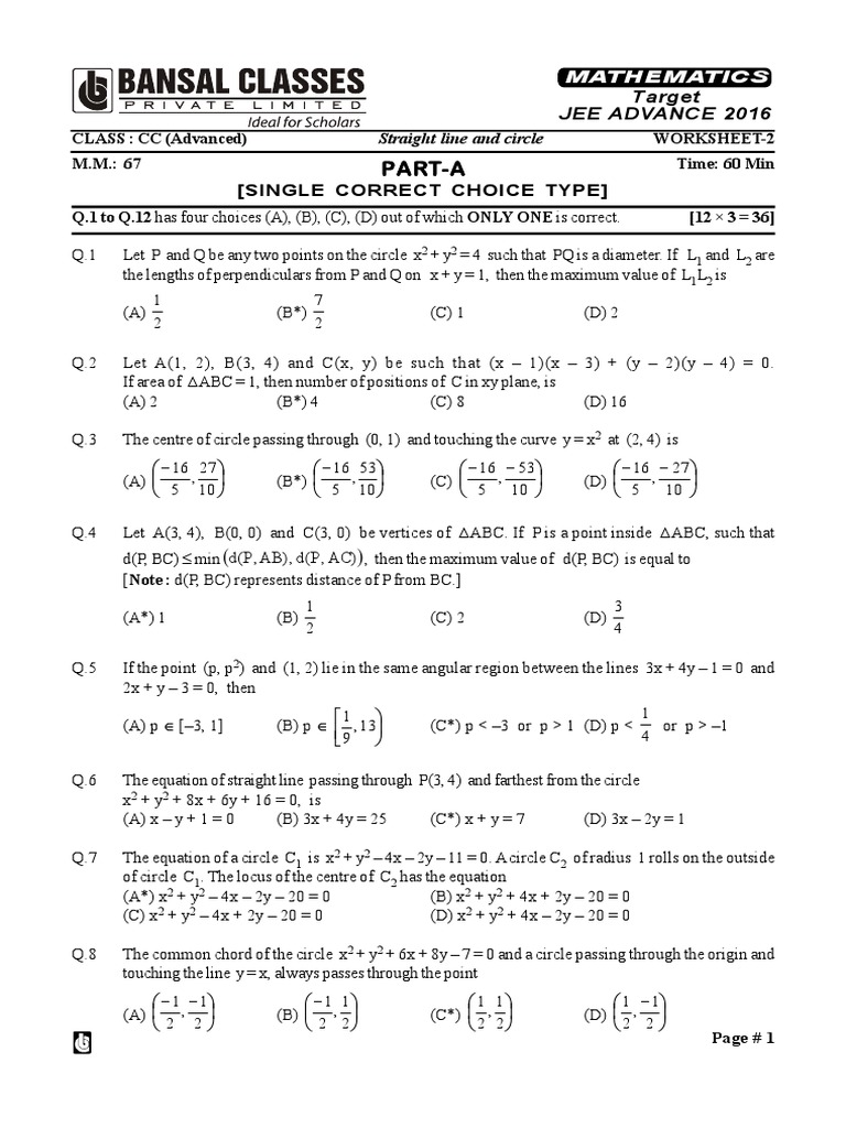 JEE Advanced 2016 Math Worksheet | PDF | Euclidean Geometry ...