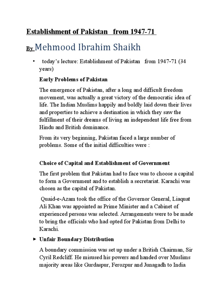 Establishment of Pakistan From 1947 and - Overview of The Political ...