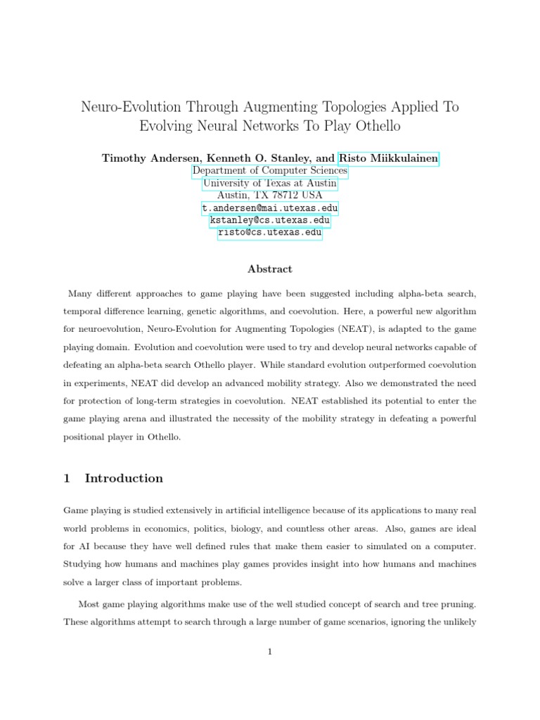Neuro-Evolution of Augmenting Topologies | PDF | Evolution | Artificial ...