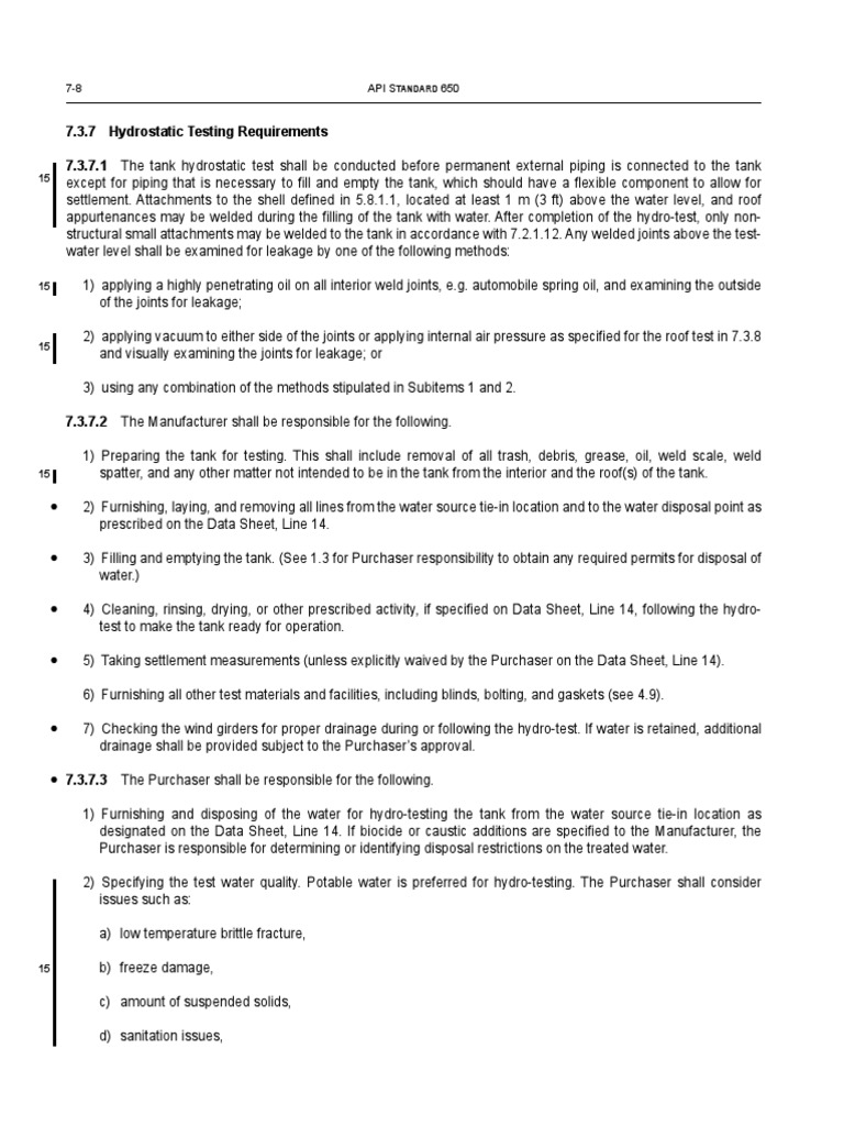 API Standard 650-Hydrotest | PDF | Corrosion | Water Quality