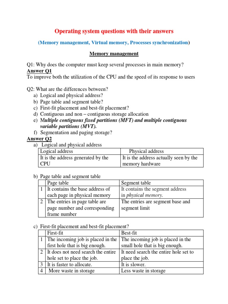 Operating System Questions With Their Answers: (Memory Management ...