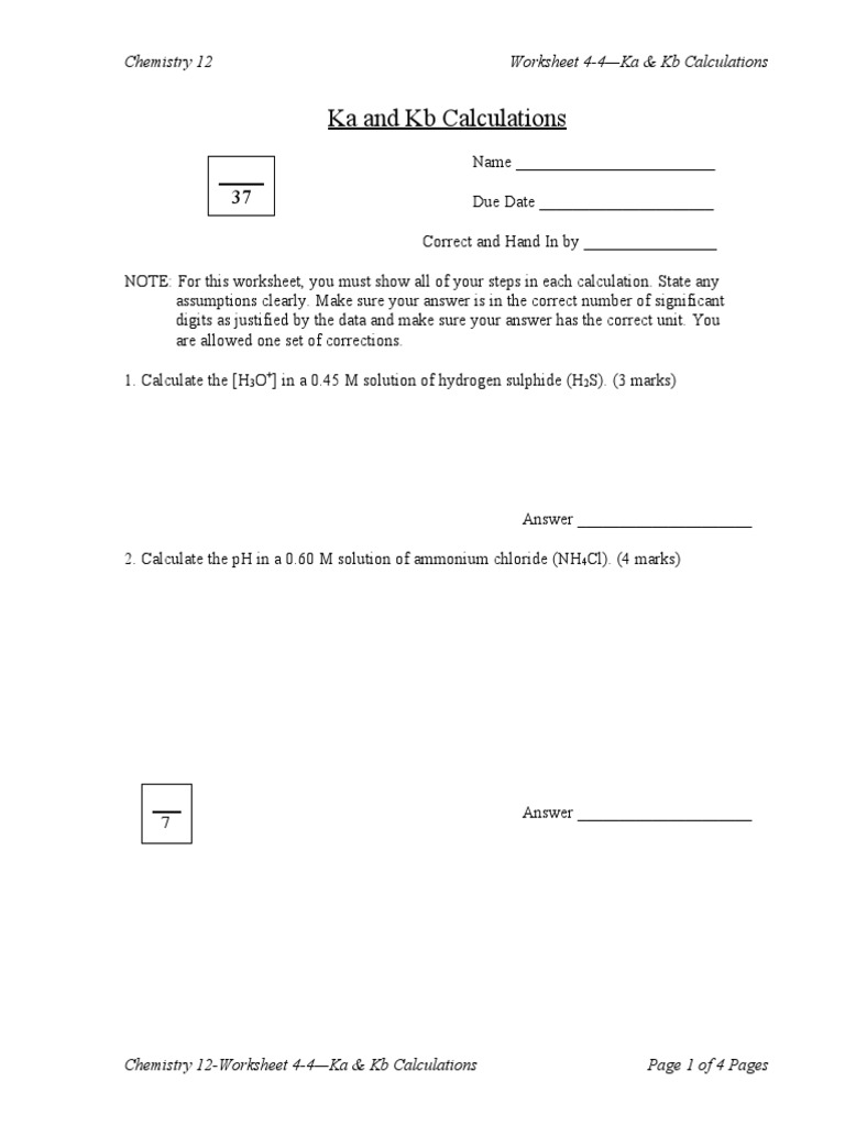 Chemistry 12 Worksheet 4-4-Ka & KB Calculations | PDF | Ph | Acid