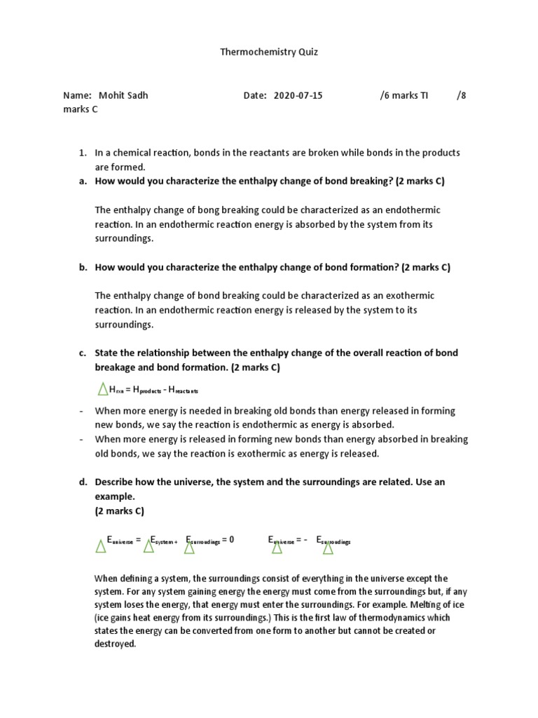 Thermochemistry Quiz | PDF | Enthalpy | Chemical Reactions