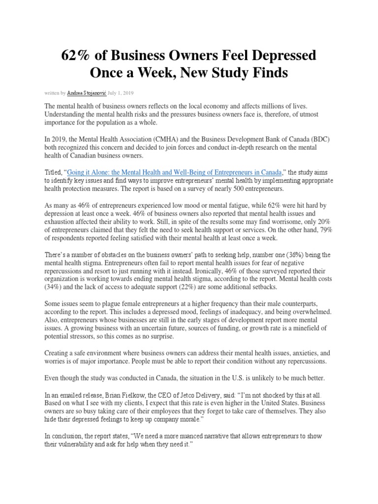 62% of Business Owners Feel Depressed Once A Week, New Study Finds ...