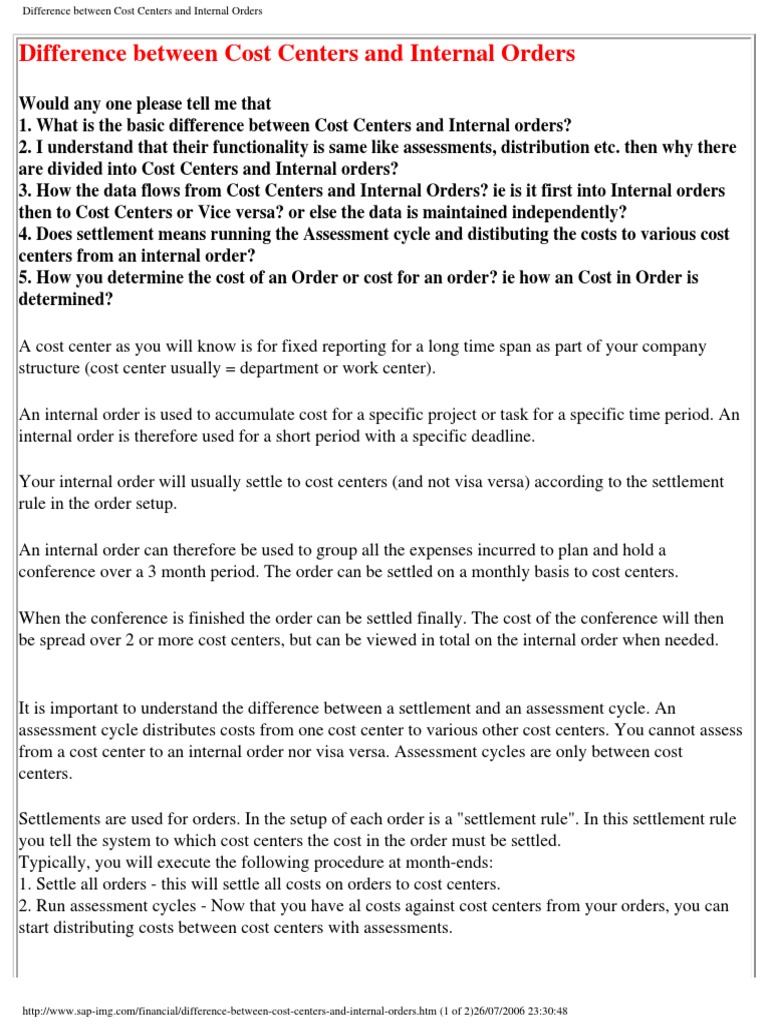 Difference Between Cost Centers and Internal Orders | PDF | Business