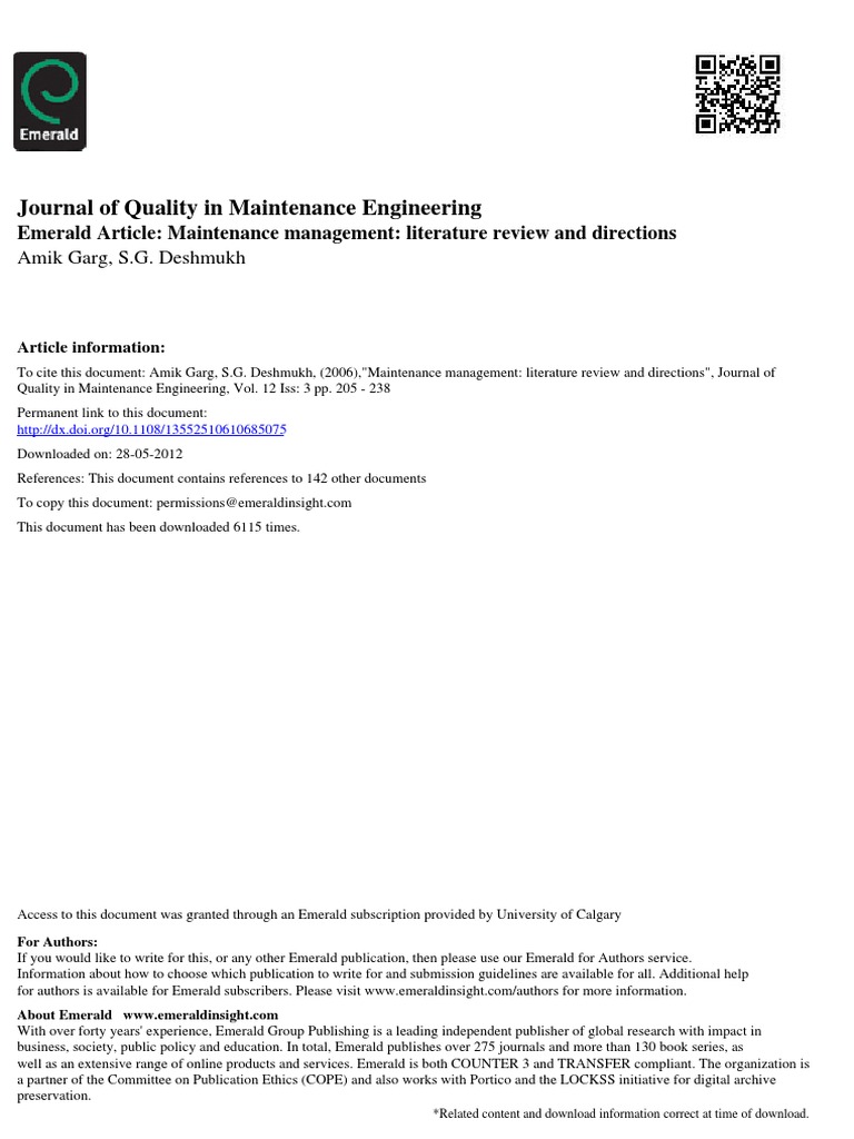 Maintenance Management Literature Review and Directions | PDF ...