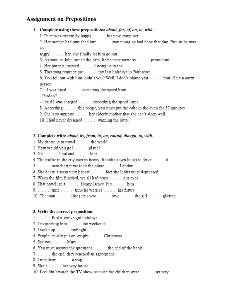 Assignment On Prepositions | PDF