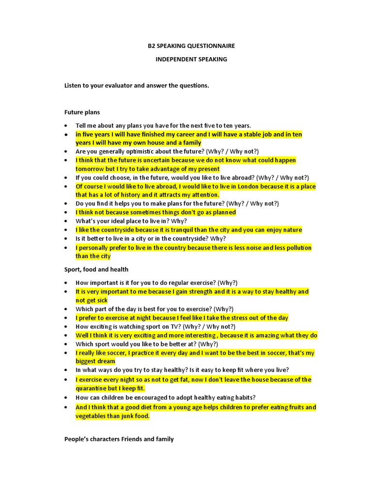B2 Speaking Questionnaire-1 | PDF | Social Networking Service ...