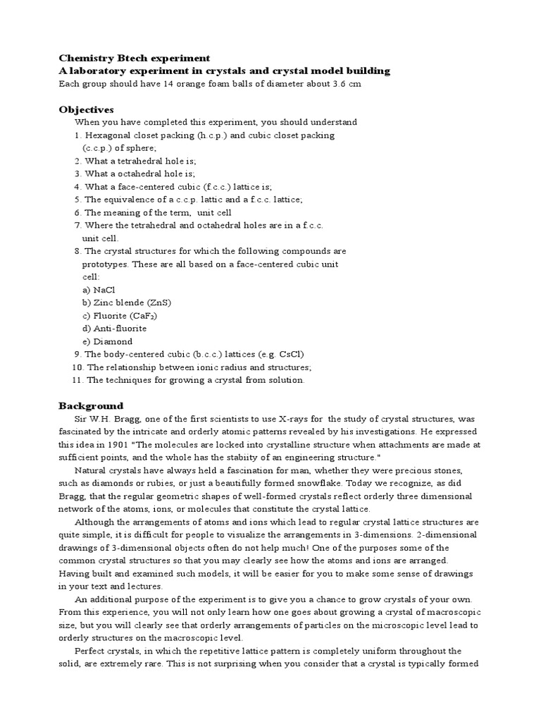 Chemistry Btech Experiment A Laboratory Experiment in Crystals and ...