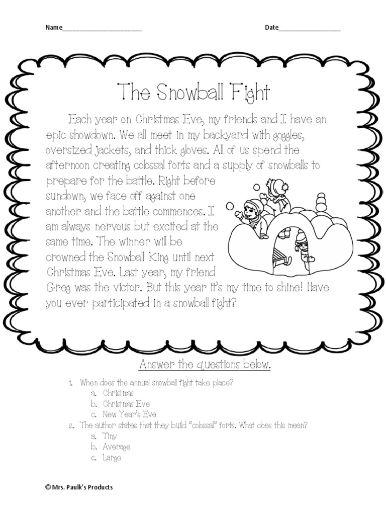 The Snowball Fight Reading Comprehension Passageand Questions | PDF