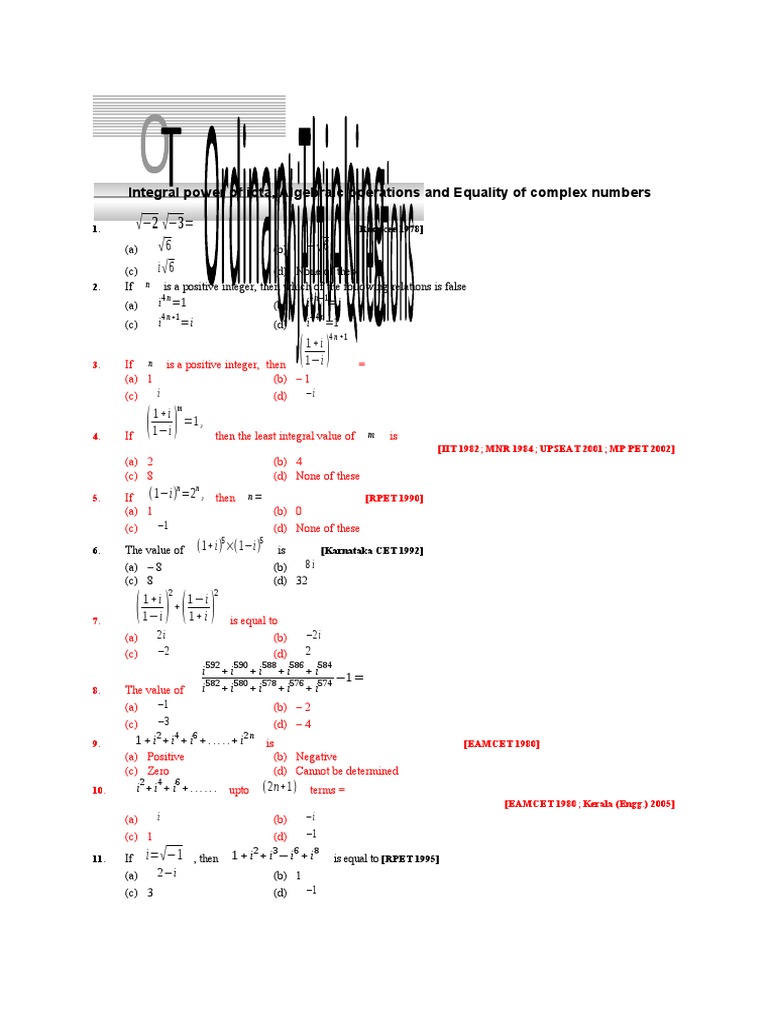 Integral Power of Iota, Algebraic Operations and Equality of Complex Numbers | PDF | Complex ...