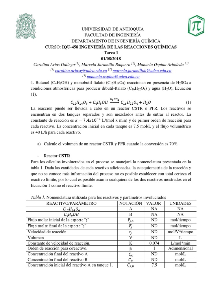 Cálculo de Volumen en Reactores CSTR y PFR | PDF | Reactor Quimico | Velocidad de reacción