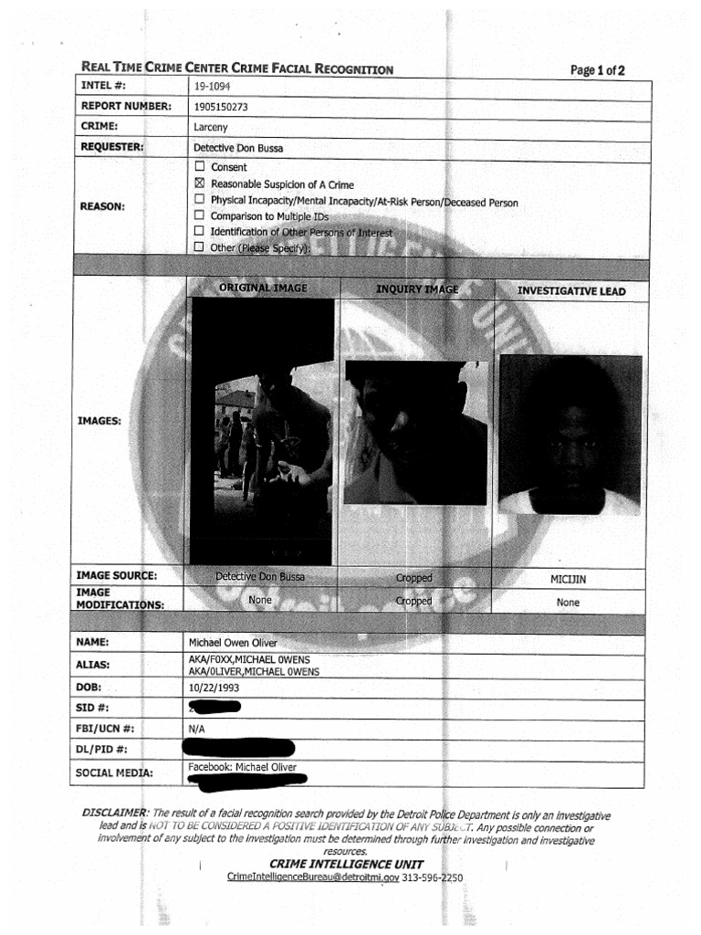 Dpd Facial Recognition Report Michael Oliver Pdf