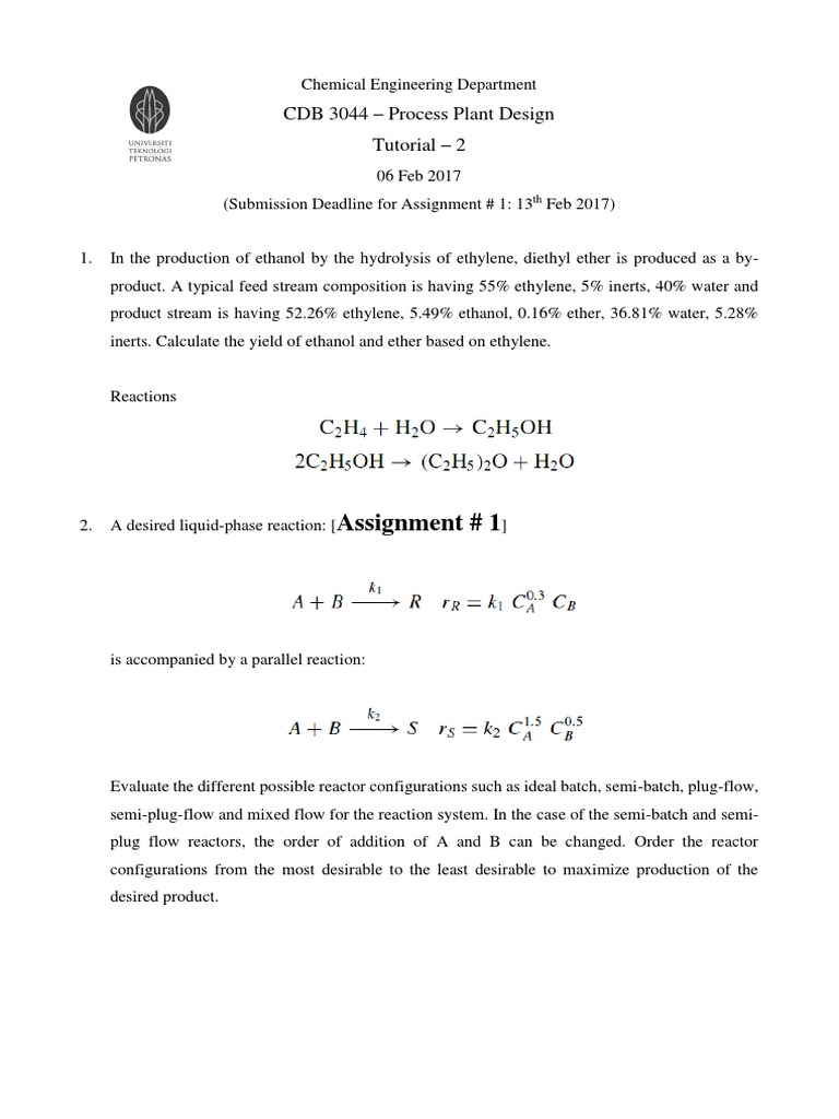 Assignment # 1: CDB 3044 - Process Plant Design Tutorial - 2 | PDF