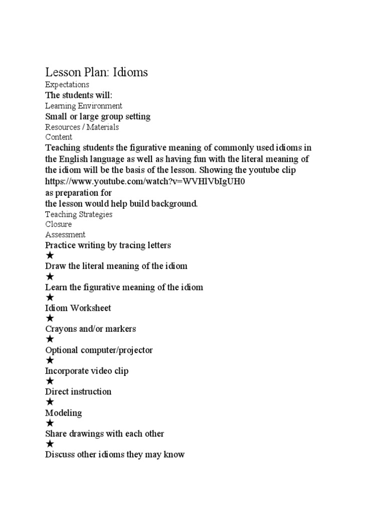 Lesson Plan: Idioms: Expectations Learning Environment Resources ...