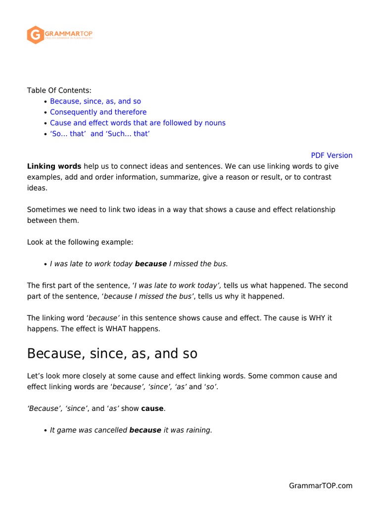 Linking Words of Cause and Effect PDF | PDF | Adjective | Noun