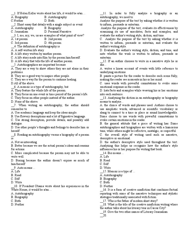 Autobiography & Lit Journ Quiz | PDF | Creative Nonfiction ...
