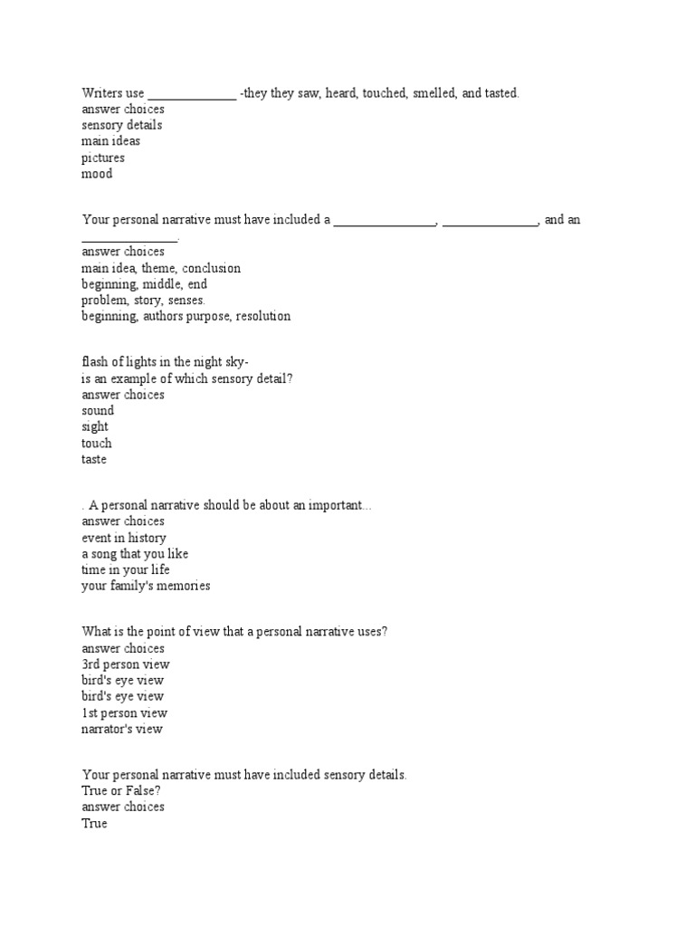 Personal Narrative Quiz | PDF | Narrative | Narration