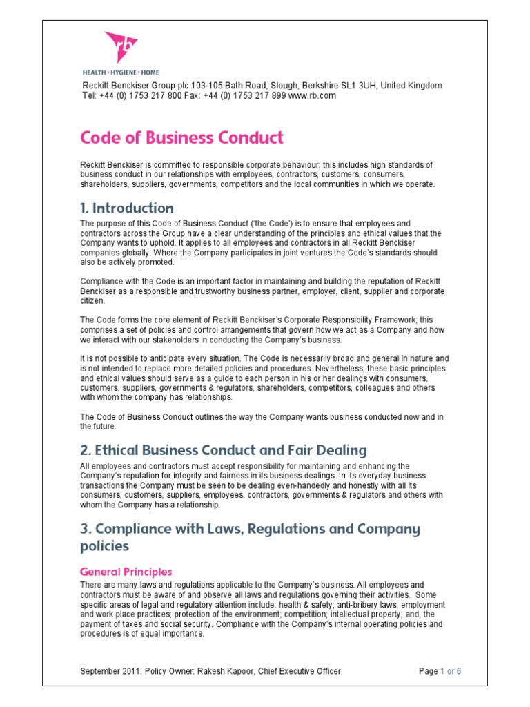 Code of Business Conduct: General Principles | PDF | Regulatory ...