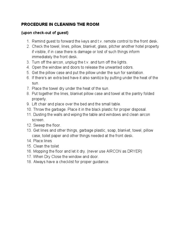 Room Cleaning Procedures and Duties | PDF | Housekeeping | Home