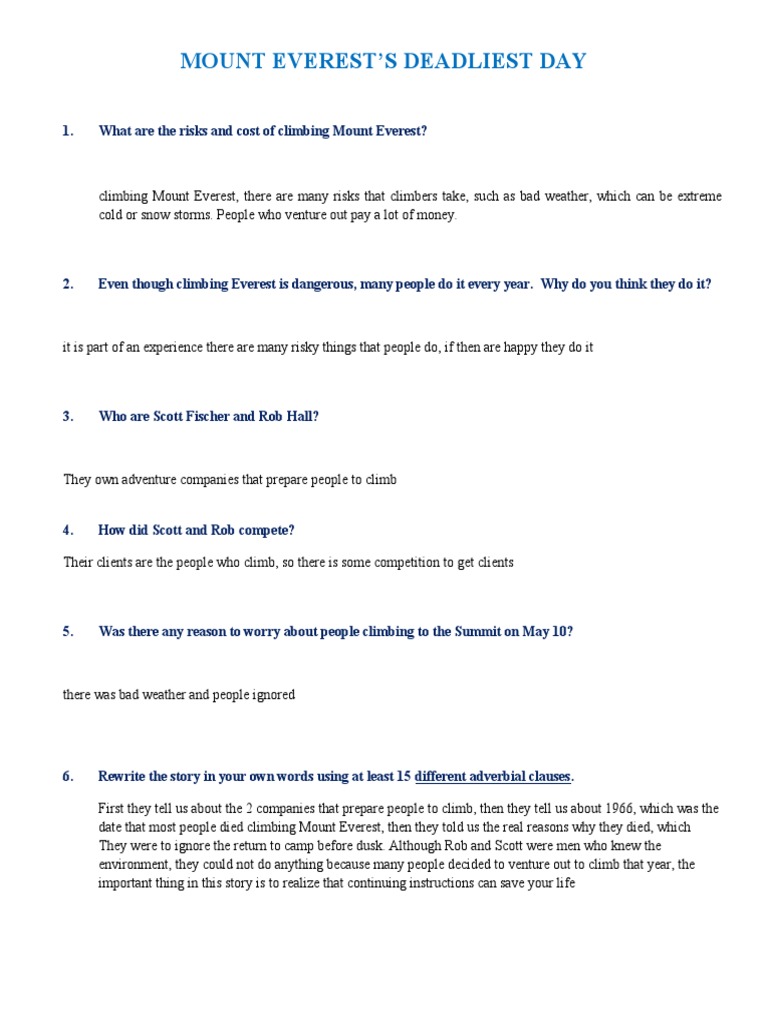 MOUNT EVEREST Reading Comp | PDF