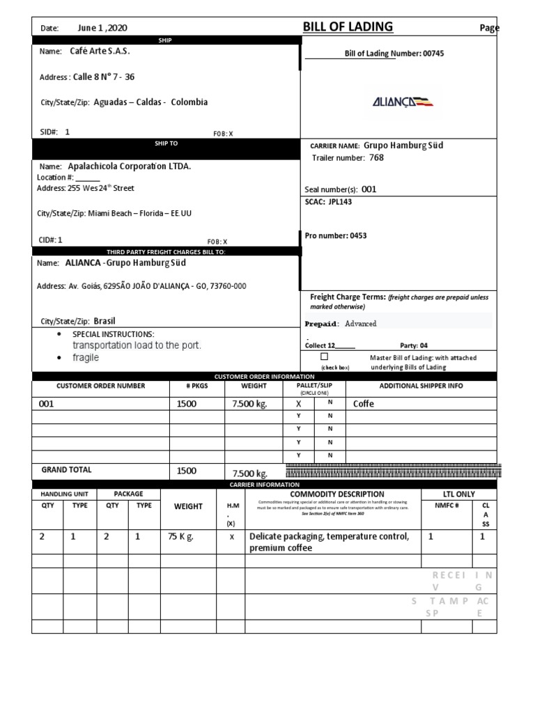 Certifiacado BILL OF LADING | PDF | Cargo | Logistics