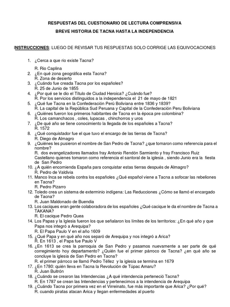 Historia de Tacna hasta su independencia: resumen del cuestionario de ...