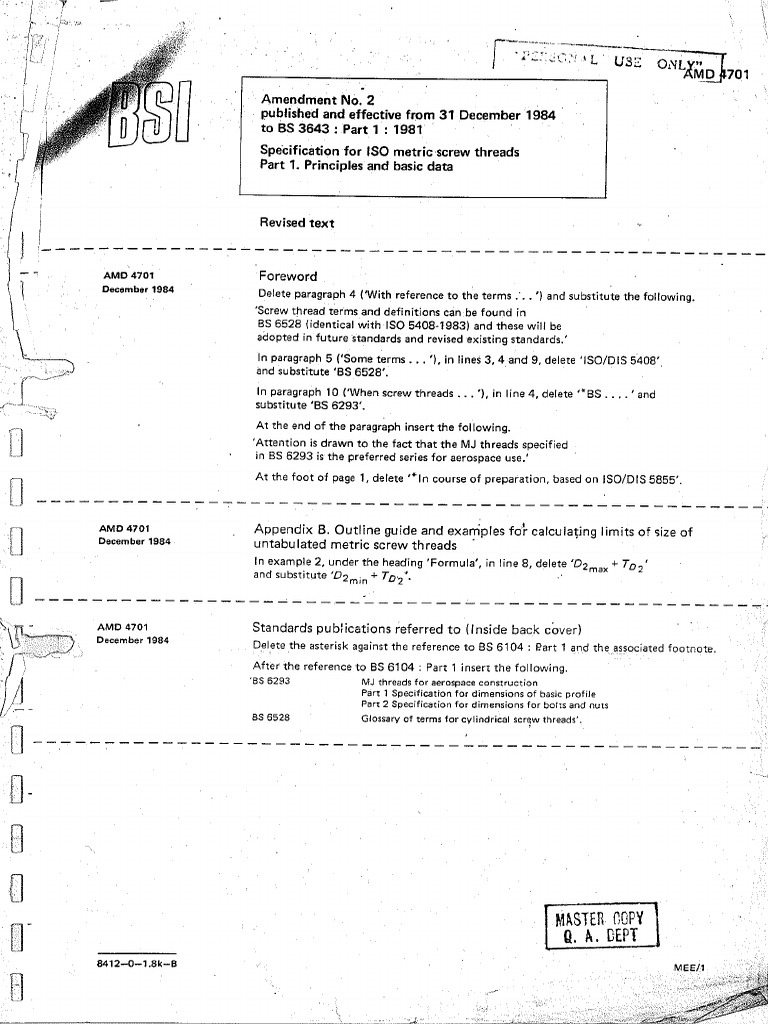 BS 3643, Part1,1981 ISO Metric Screw Threads (Principles and Basic Data ...