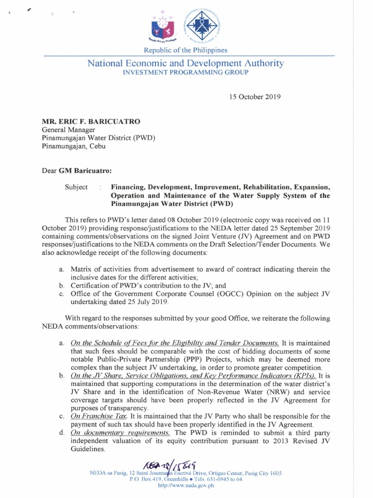 2019 10 15 - Letter To PWD - Maintenance of The Water Supply System of ...