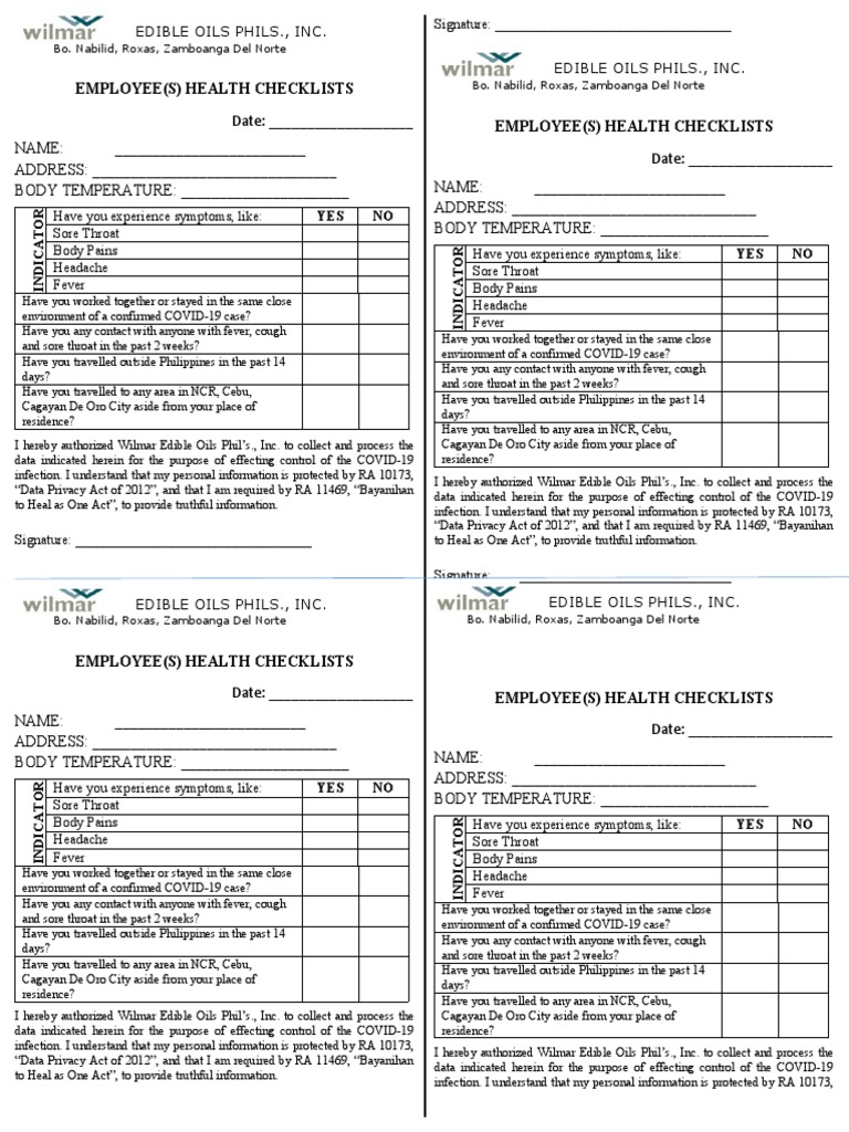 Employee (S) Health Checklists Employee (S) Health Checklists | PDF ...