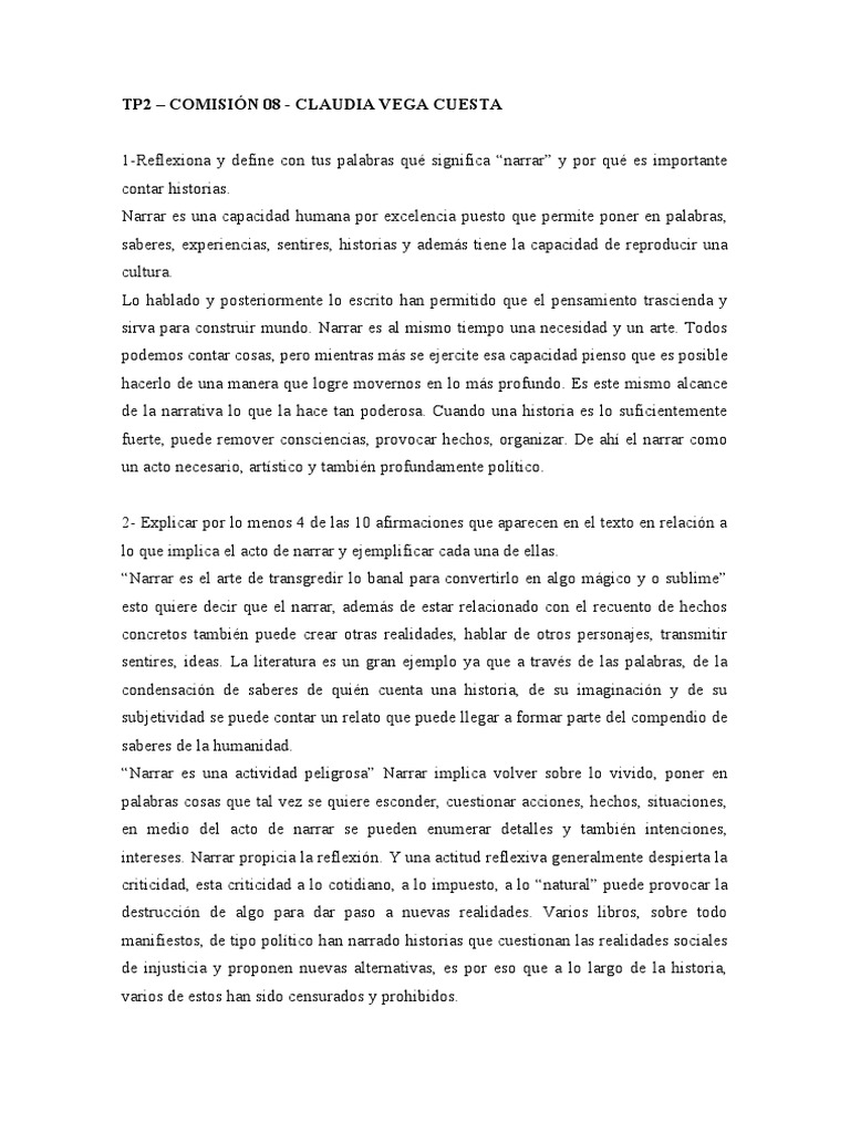 TP2 - Comisión 08 - Claudia Vega Cuesta | PDF | Narrativa | Conceptos psicologicos