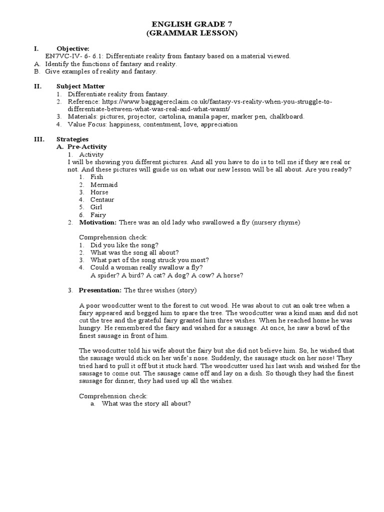 English Grade 7 (Grammar Lesson) : I. Objective | PDF | Reality