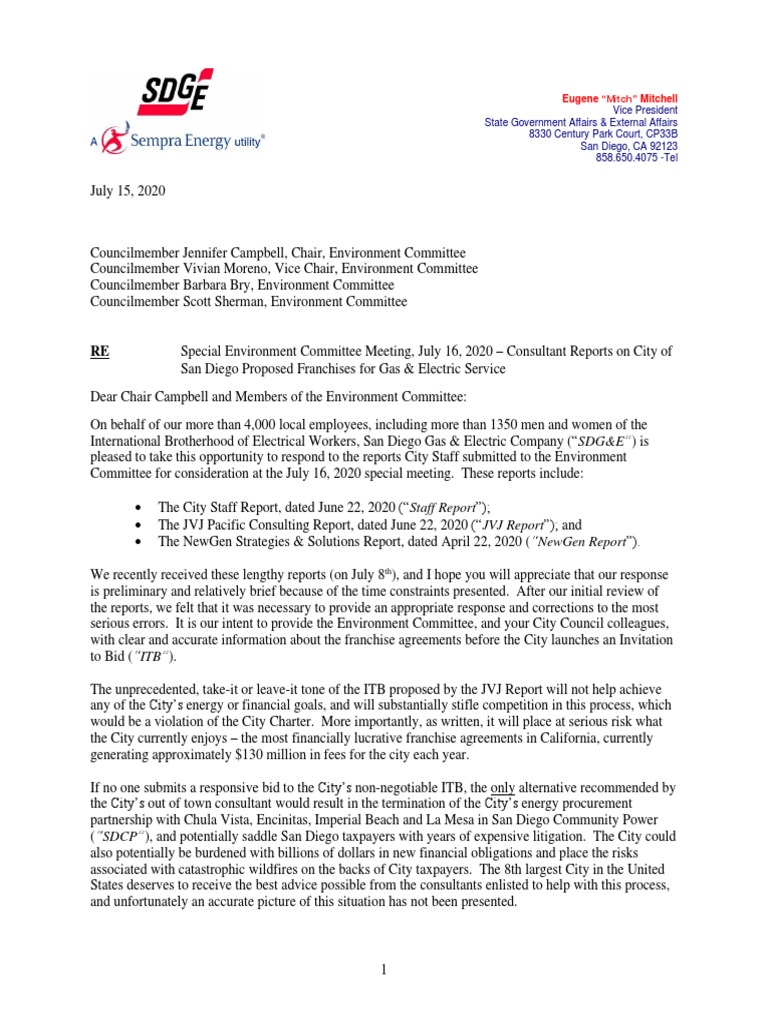 SDGE Letter To Environment Committee 071520 | PDF | Pacific Gas And ...