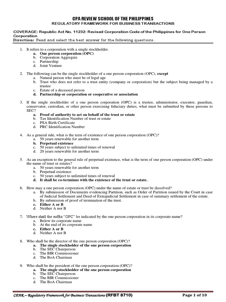 CPAR RFBT - One Person Corp PDF | PDF | Joint Stock Company | Corporations