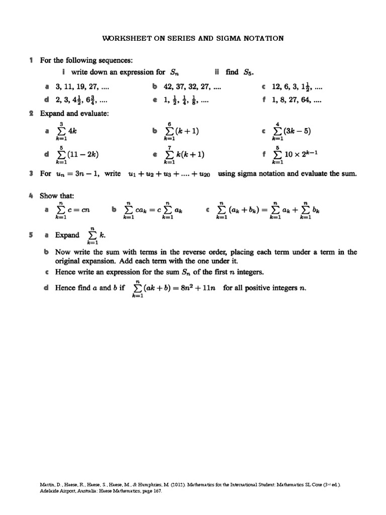 Worksheet On Series and Sigma Notation | PDF