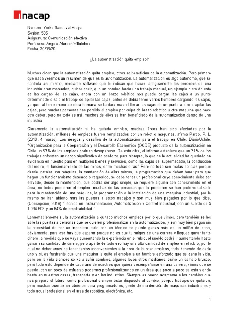 Ensayo N°3 Yerko Sandoval | PDF | Automatización | Robot