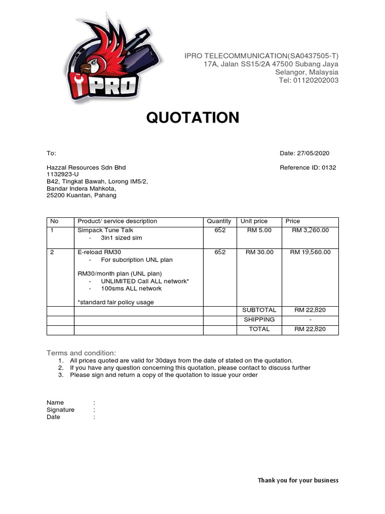 Quotation for Hazzal Resources | PDF | Technology & Engineering