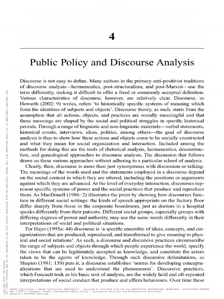 Fisher Frank, (2003) - Reframing Public Policy, Cap. 4 Public Policy and Discourse Analysis. Pág ...