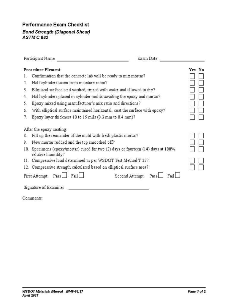 Performance Exam Checklist: Bond Strength (Diagonal Shear) Astm C 882 | PDF