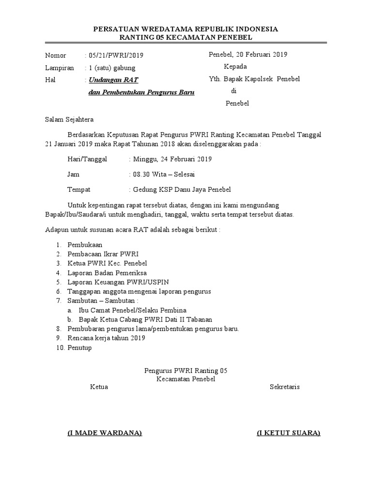 Surat RAT Pwri | PDF