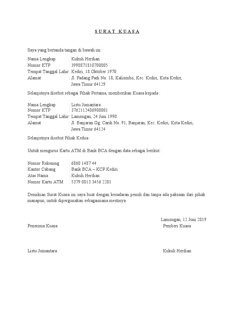 Contoh Surat Kuasa Bank BCA Untuk Mengurus Kartu ATM | PDF