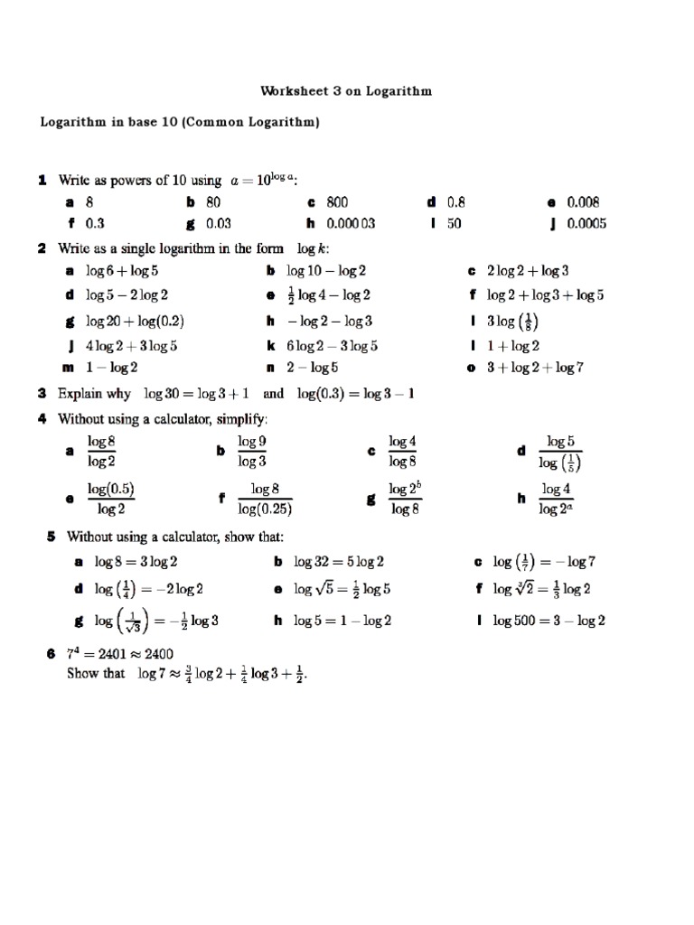 Worksheet 3 Logarithm Logarithm Base 10 and Base e | PDF
