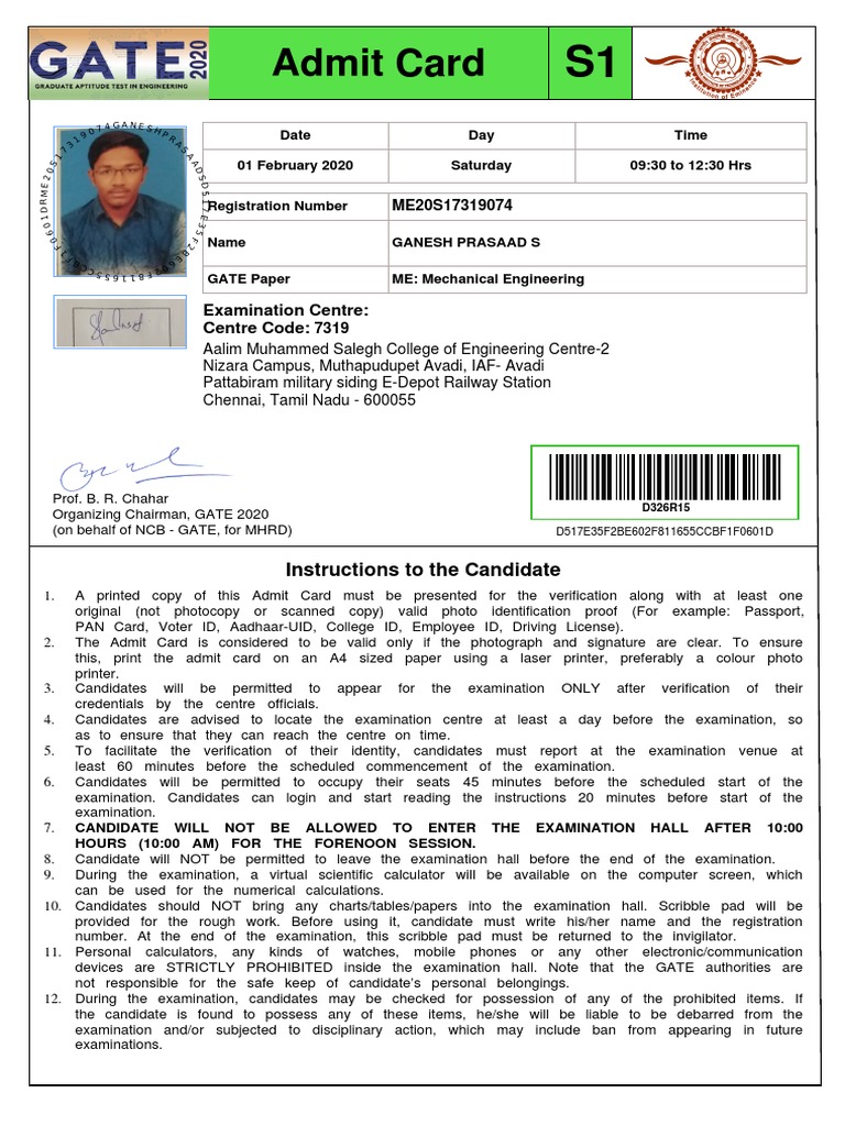 Admit Card: Examination Centre: Centre Code | PDF