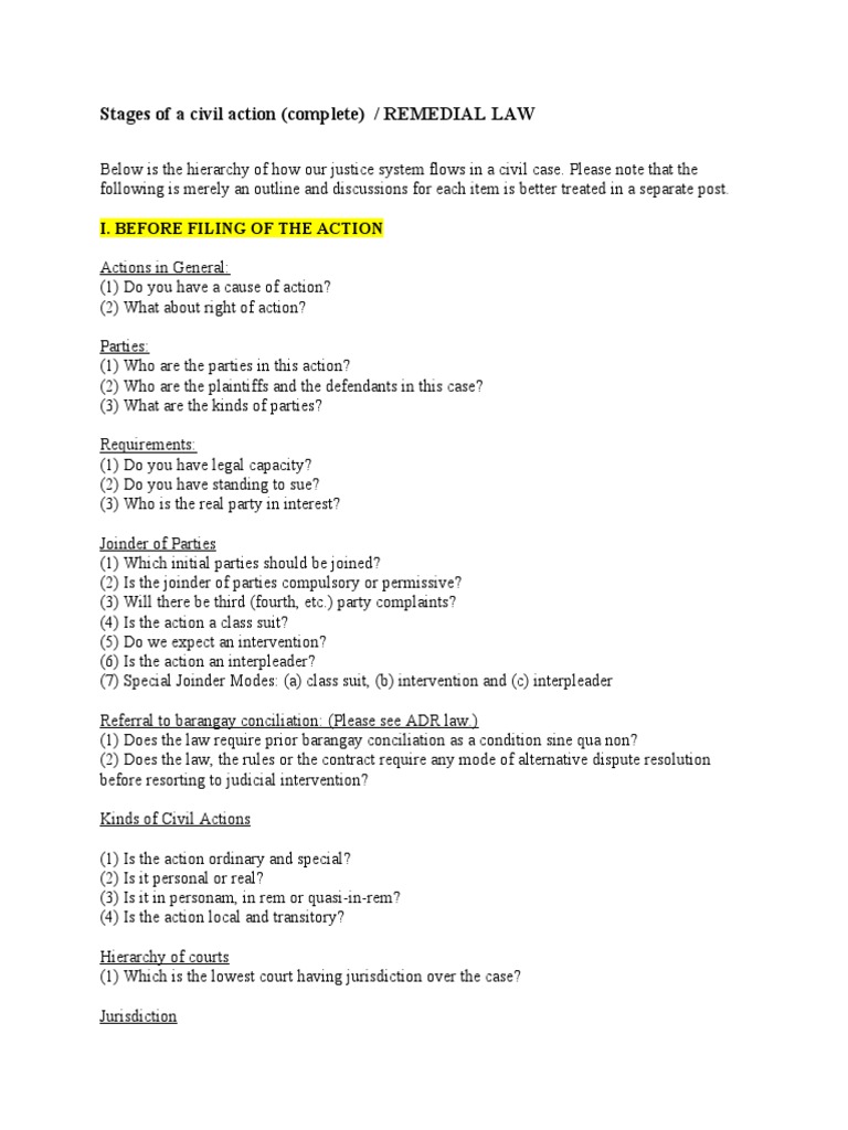 Civil Action Stages in Remedial Law | PDF | Pleading | Joinder