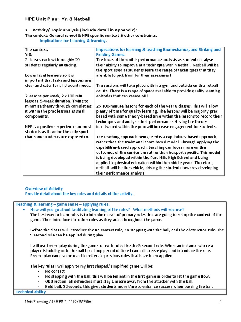 Hpe Unit Plan Year 8 Netball | PDF | Curriculum | Nonverbal Communication