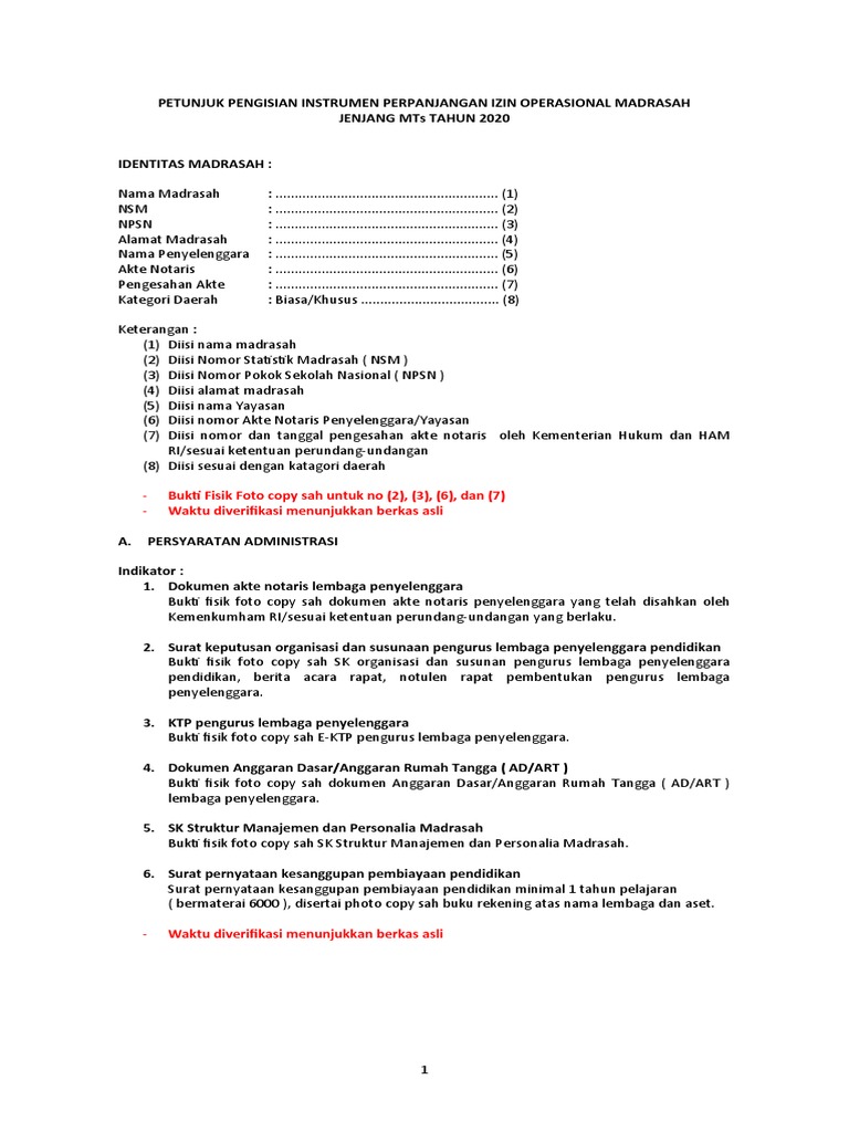 Petunjuk Pengisian Instrumen Perpanjangan Izin Operasional Madrasah | PDF