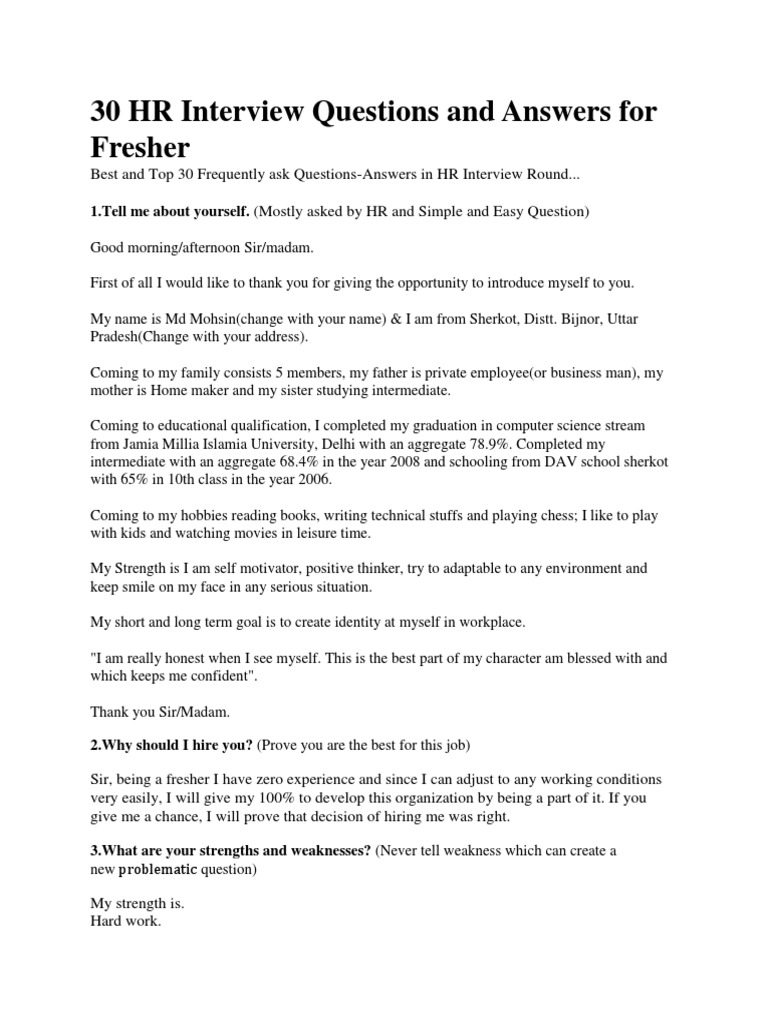 30 HR Interview Questions and Answers For Fresher by Sandep-1 | PDF ...