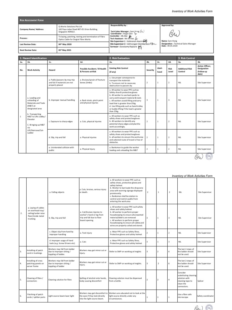 Risk Assessment Form for Fibre Optic Cable Installation Works | PDF ...
