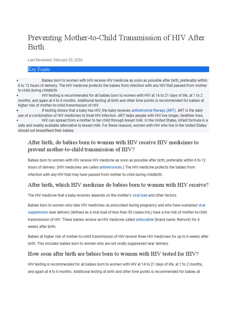 Preventing Mother-to-Child Transmission of HIV After Birth: Key Points ...