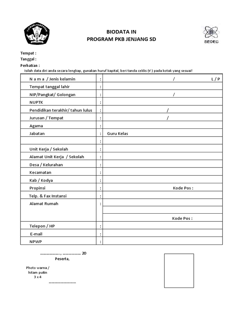 Contoh Format Formulir Biodata Peserta PKB | PDF